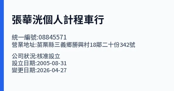 張華洸個人計程車行的照片-統編 08845571(苗栗縣) 公司登記資料與營業項目詳細圖表