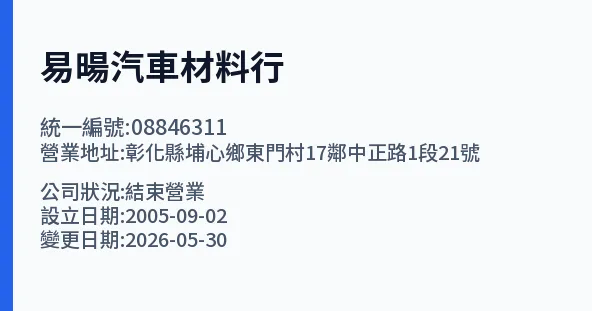 易暘汽車材料行的照片-統編 08846311(彰化縣) 公司登記資料與營業項目詳細圖表