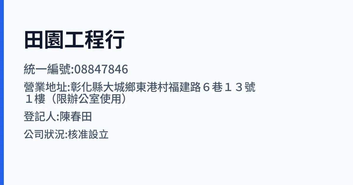 田園工程行 - 統編 08847846(彰化縣) 公司登記資料與營業項目詳細圖表