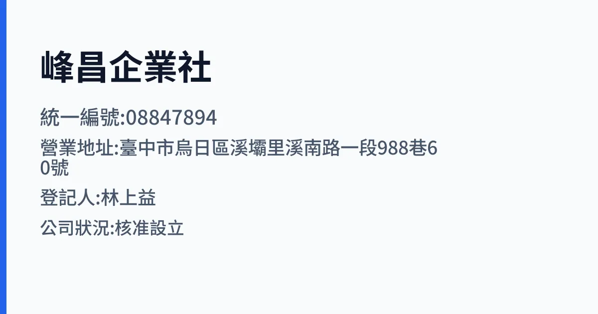 峰昌企業社 - 統編 08847894(臺中市) 公司登記資料與營業項目詳細圖表