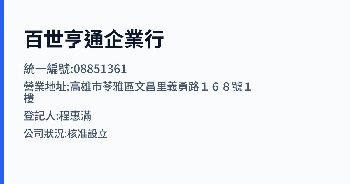 百世亨通企業行 - 統編 08851361(高雄市) 公司登記資料與營業項目詳細圖表