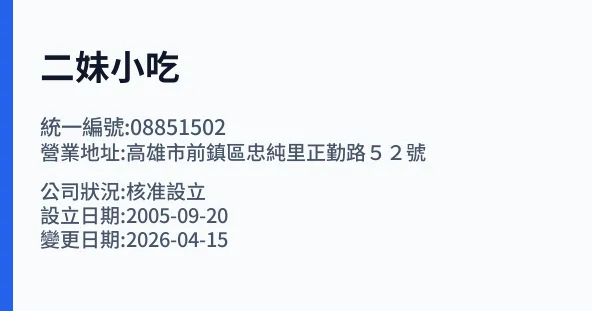 二妹小吃的照片-統編 08851502(高雄市) 公司登記資料與營業項目詳細圖表