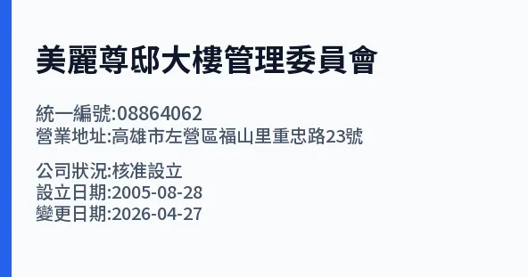 美麗尊邸大樓管理委員會的照片-統編 08864062(高雄市) 公司登記資料與營業項目詳細圖表