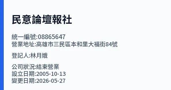 民意論壇報社的照片-統編 08865647(高雄市) 公司登記資料與營業項目詳細圖表