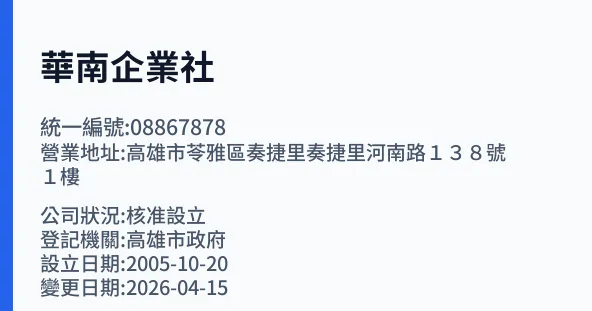 華南企業社的照片-統編 08867878(高雄市) 公司登記資料與營業項目詳細圖表