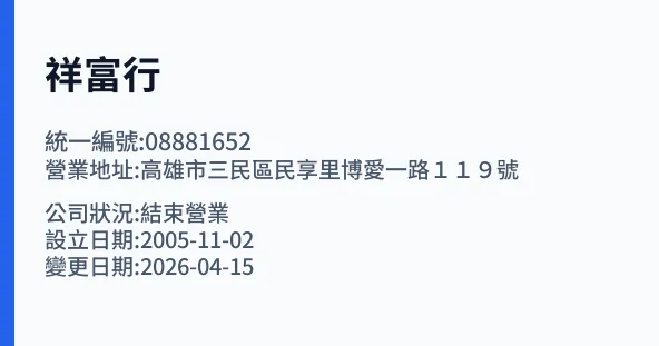 祥富行的照片-統編 08881652(高雄市) 公司登記資料與營業項目詳細圖表