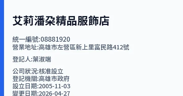 艾莉潘朶精品服飾店的照片-統編 08881920(高雄市) 公司登記資料與營業項目詳細圖表