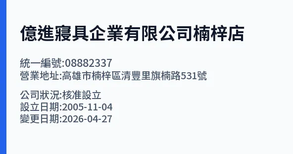 億進寢具企業有限公司楠梓店的照片-統編 08882337(高雄市) 公司登記資料與營業項目詳細圖表