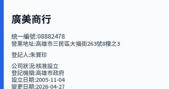 廣美商行的照片-統編 08882478(高雄市) 公司登記資料與營業項目詳細圖表