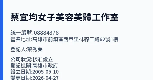 蔡宜均女子美容美體工作室的照片-統編 08884378(高雄市) 公司登記資料與營業項目詳細圖表