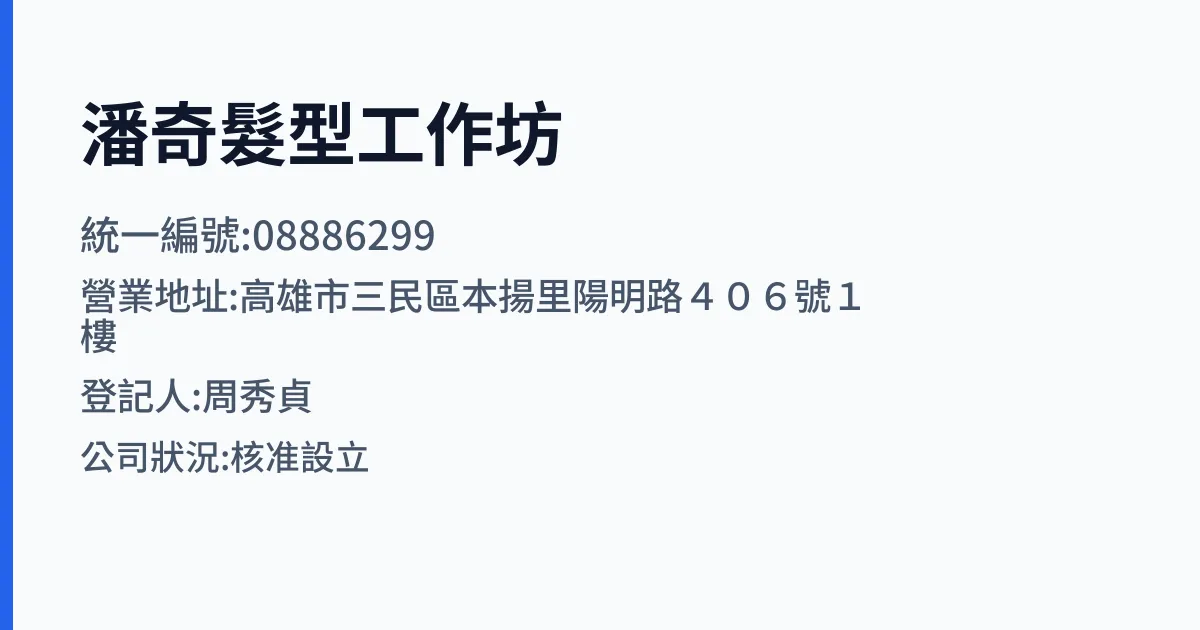 潘奇髮型工作坊 - 統編 08886299（高雄市） 公司登記資料與營業項目詳細圖表