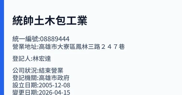 統帥土木包工業的照片-統編 08889444(高雄市) 公司登記資料與營業項目詳細圖表
