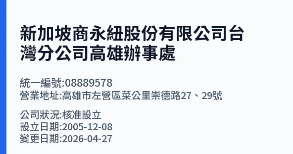 新加坡商永紐股份有限公司台灣分公司高雄辦事處的照片-統編 08889578(高雄市) 公司登記資料與營業項目詳細圖表