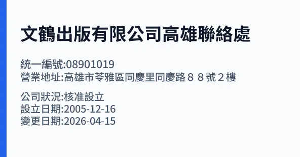文鶴出版有限公司高雄聯絡處的照片-統編 08901019(高雄市) 公司登記資料與營業項目詳細圖表