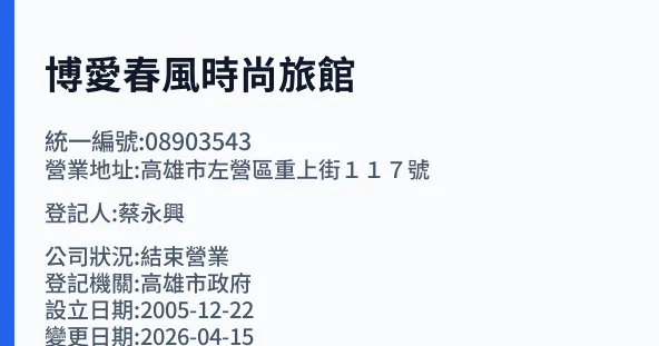 博愛春風時尚旅館的照片-統編 08903543(高雄市) 公司登記資料與營業項目詳細圖表
