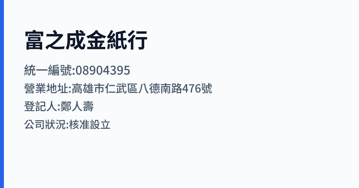 富之成金紙行 - 統編 08904395(高雄市) 公司登記資料與營業項目詳細圖表