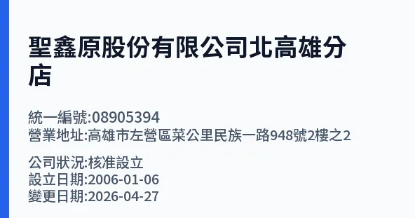 聖鑫原股份有限公司北高雄分店的照片-統編 08905394(高雄市) 公司登記資料與營業項目詳細圖表