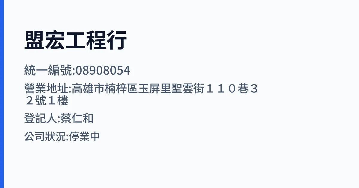 盟宏工程行 - 統編 08908054(高雄市) 公司登記資料與營業項目詳細圖表