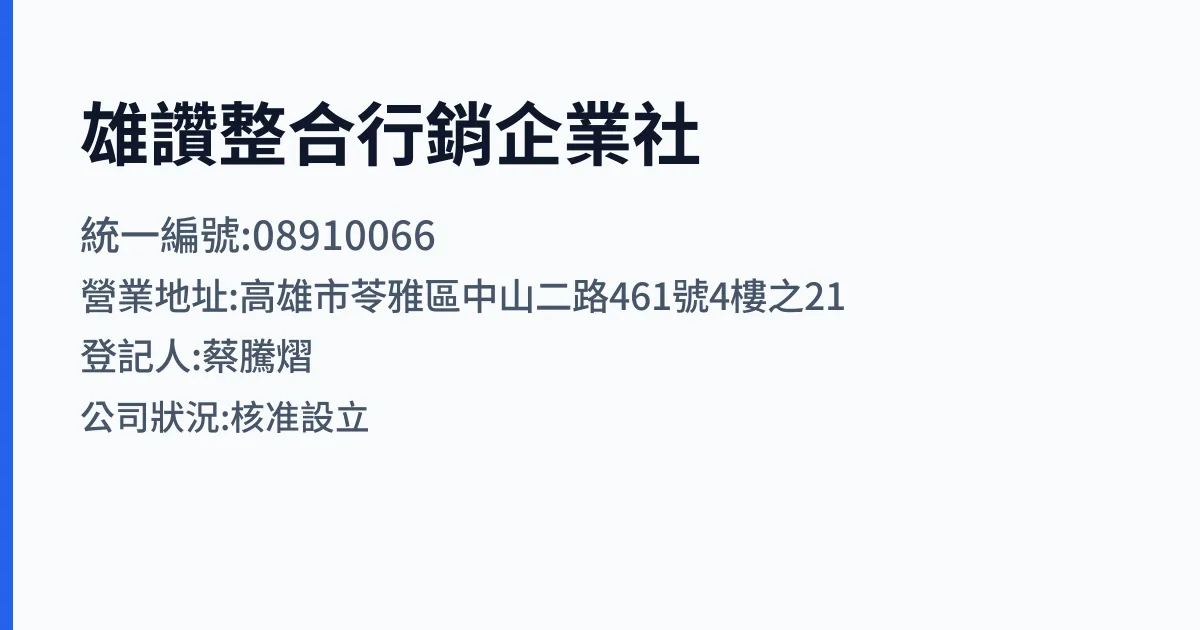 雄讚整合行銷企業社 - 統編 08910066(高雄市) 公司登記資料與營業項目詳細圖表