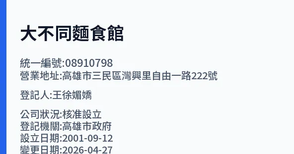 大不同麵食館的照片-統編 08910798(高雄市) 公司登記資料與營業項目詳細圖表