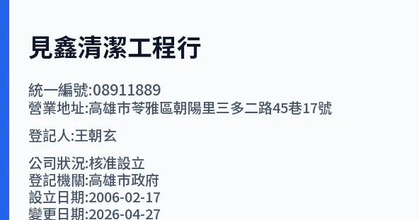 見鑫清潔工程行的照片-統編 08911889(高雄市) 公司登記資料與營業項目詳細圖表