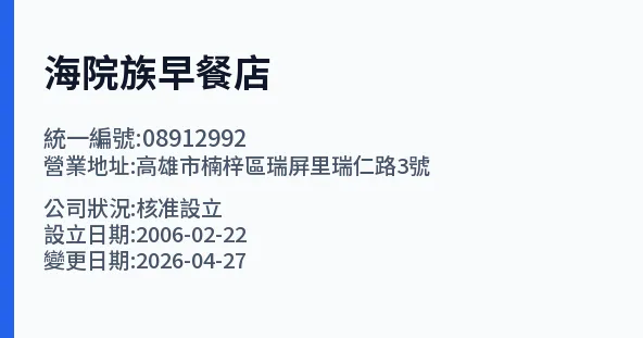 海院族早餐店的照片-統編 08912992(高雄市) 公司登記資料與營業項目詳細圖表