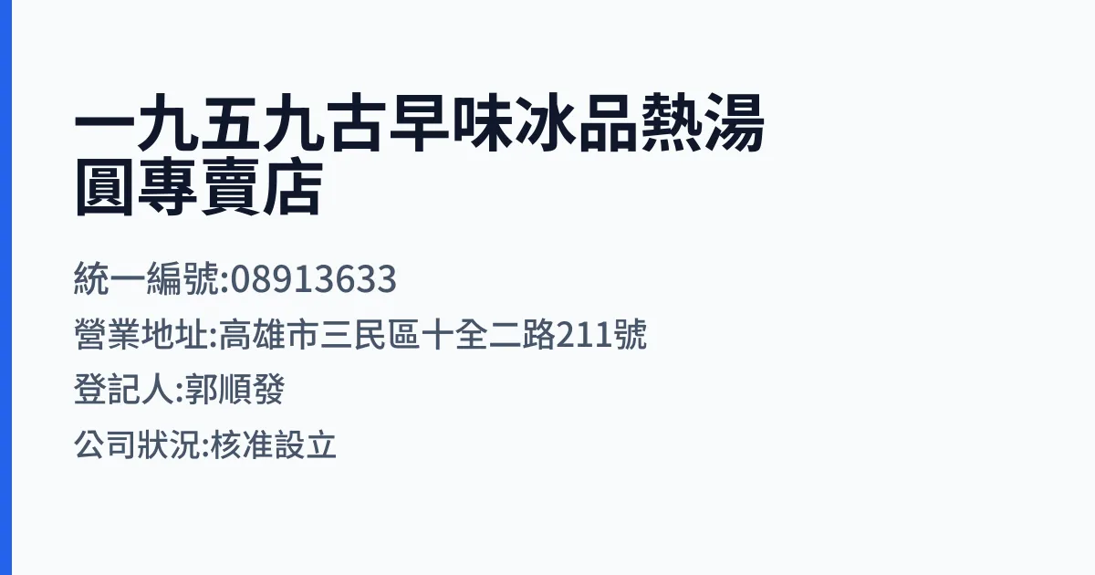 一九五九古早味冰品熱湯圓專賣店 - 統編 08913633(高雄市) 公司登記資料與營業項目詳細圖表