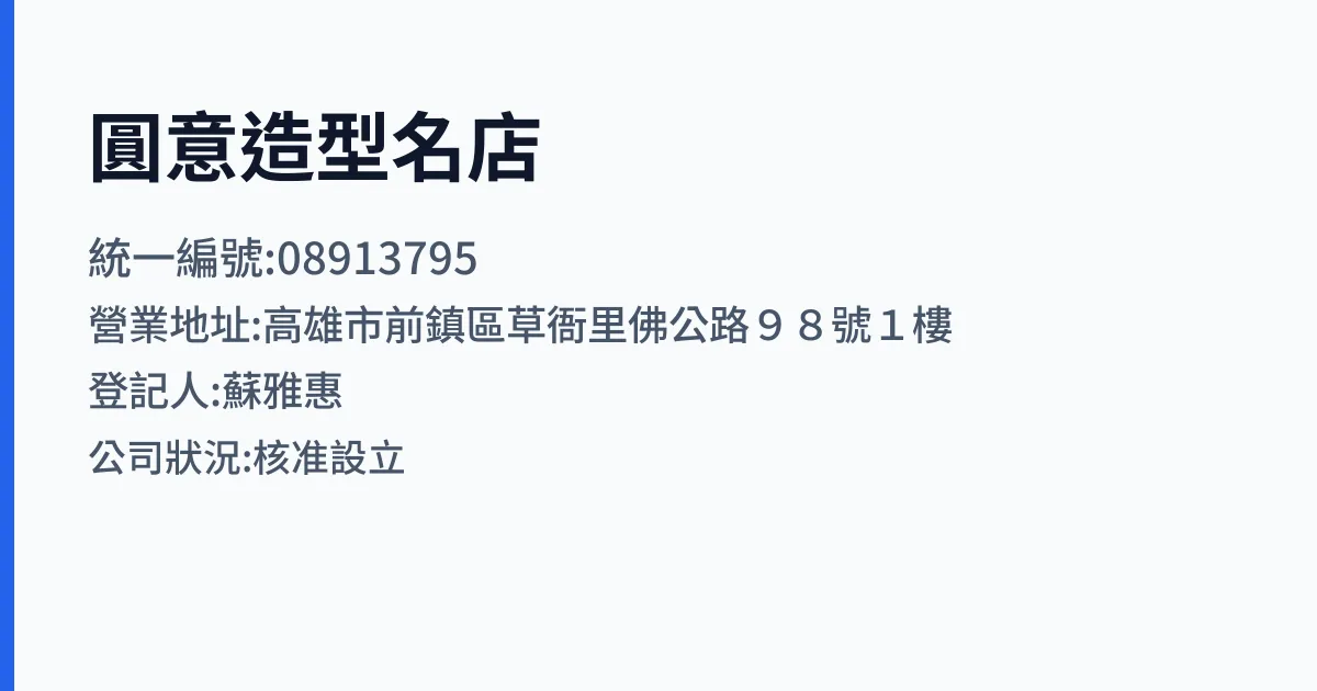 圓意造型名店 - 統編 08913795(高雄市) 公司登記資料與營業項目詳細圖表