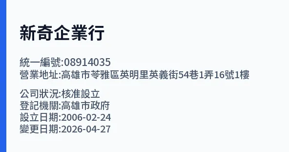 新奇企業行的照片-統編 08914035(高雄市) 公司登記資料與營業項目詳細圖表
