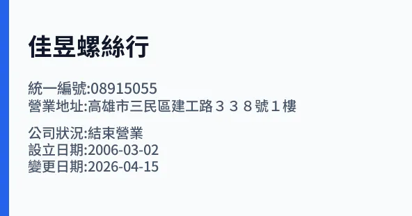 佳昱螺絲行的照片-統編 08915055(高雄市) 公司登記資料與營業項目詳細圖表