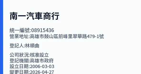 南一汽車商行的照片-統編 08915436(高雄市) 公司登記資料與營業項目詳細圖表