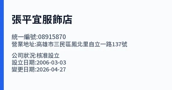 張平宜服飾店的照片-統編 08915870(高雄市) 公司登記資料與營業項目詳細圖表