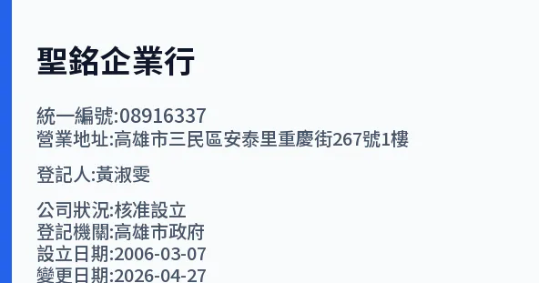 聖銘企業行的照片-統編 08916337(高雄市) 公司登記資料與營業項目詳細圖表