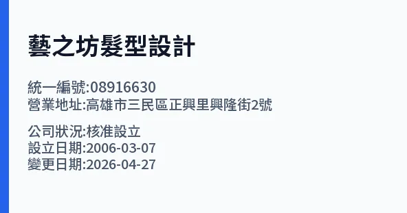 藝之坊髮型設計的照片-統編 08916630(高雄市) 公司登記資料與營業項目詳細圖表