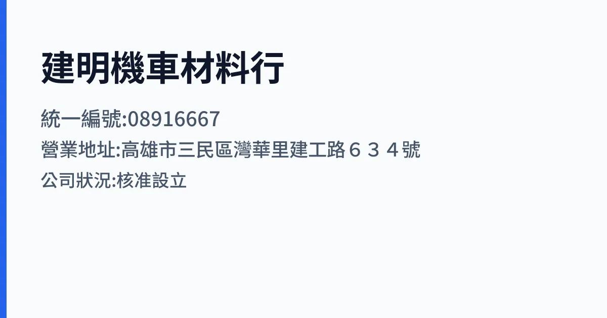 建明機車材料行 - 統編 08916667(高雄市) 公司登記資料與營業項目詳細圖表