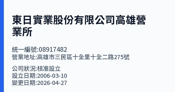 東日實業股份有限公司高雄營業所的照片-統編 08917482(高雄市) 公司登記資料與營業項目詳細圖表