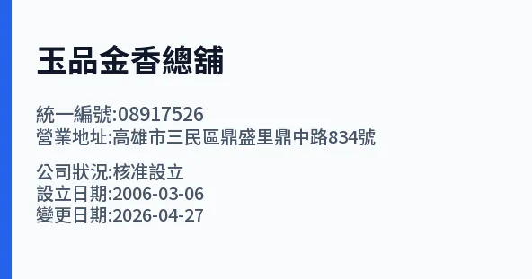 玉品金香總舖的照片-統編 08917526(高雄市) 公司登記資料與營業項目詳細圖表
