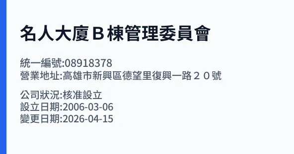 名人大廈Ｂ棟管理委員會的照片-統編 08918378(高雄市) 公司登記資料與營業項目詳細圖表