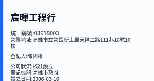 宸暉工程行的照片-統編 08919003(高雄市) 公司登記資料與營業項目詳細圖表