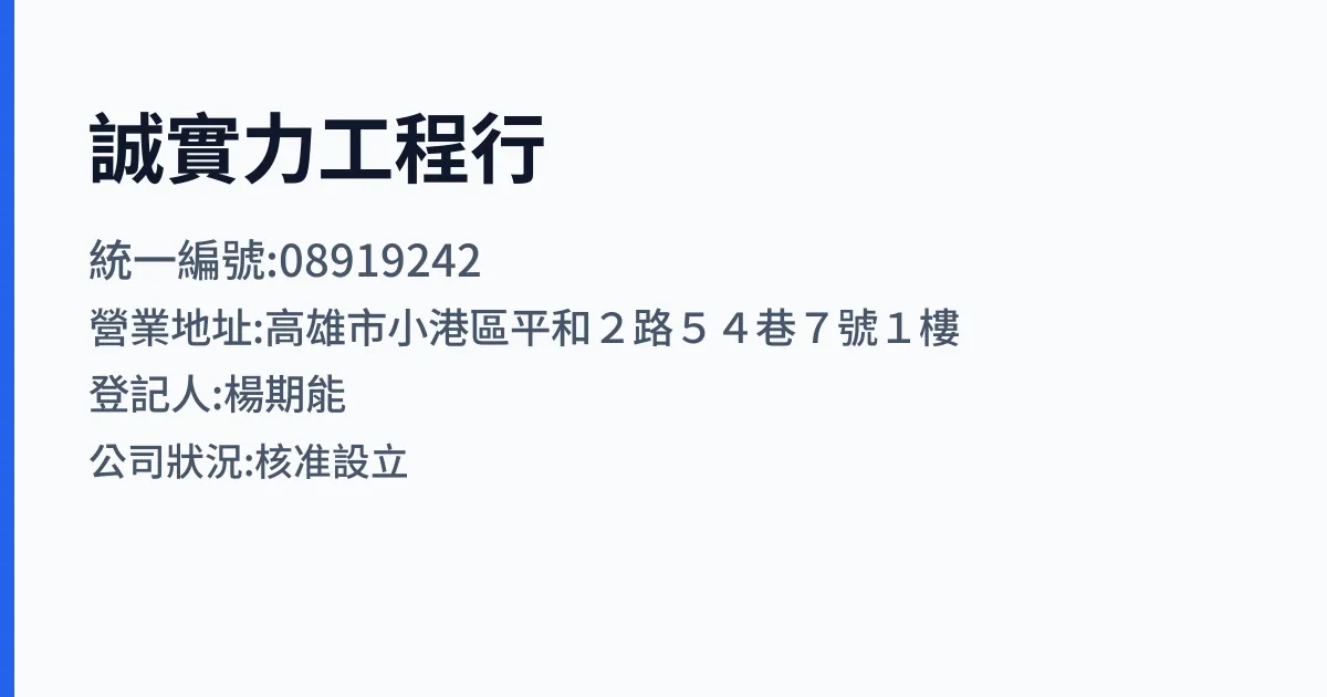誠實力工程行 - 統編 08919242(高雄市) 公司登記資料與營業項目詳細圖表