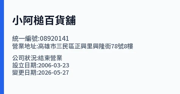 小阿槌百貨舖的照片-統編 08920141(高雄市) 公司登記資料與營業項目詳細圖表