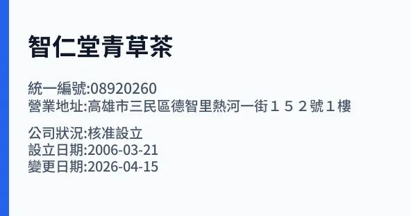 智仁堂青草茶的照片-統編 08920260(高雄市) 公司登記資料與營業項目詳細圖表