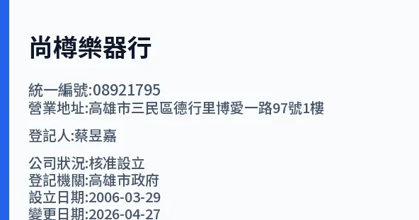 尚樽樂器行的照片-統編 08921795(高雄市) 公司登記資料與營業項目詳細圖表