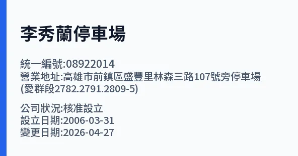 李秀蘭停車場的照片-統編 08922014(高雄市) 公司登記資料與營業項目詳細圖表