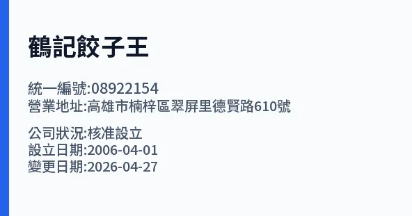 鶴記餃子王的照片-統編 08922154(高雄市) 公司登記資料與營業項目詳細圖表