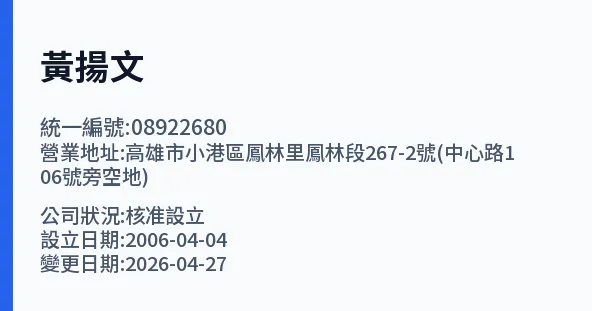 黃揚文的照片-統編 08922680(高雄市) 公司登記資料與營業項目詳細圖表