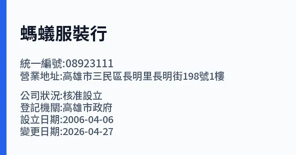 螞蟻服裝行的照片-統編 08923111(高雄市) 公司登記資料與營業項目詳細圖表