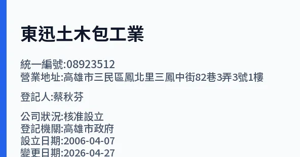 東迅土木包工業的照片-統編 08923512(高雄市) 公司登記資料與營業項目詳細圖表