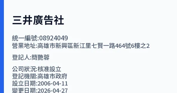 三井廣告社的照片-統編 08924049(高雄市) 公司登記資料與營業項目詳細圖表