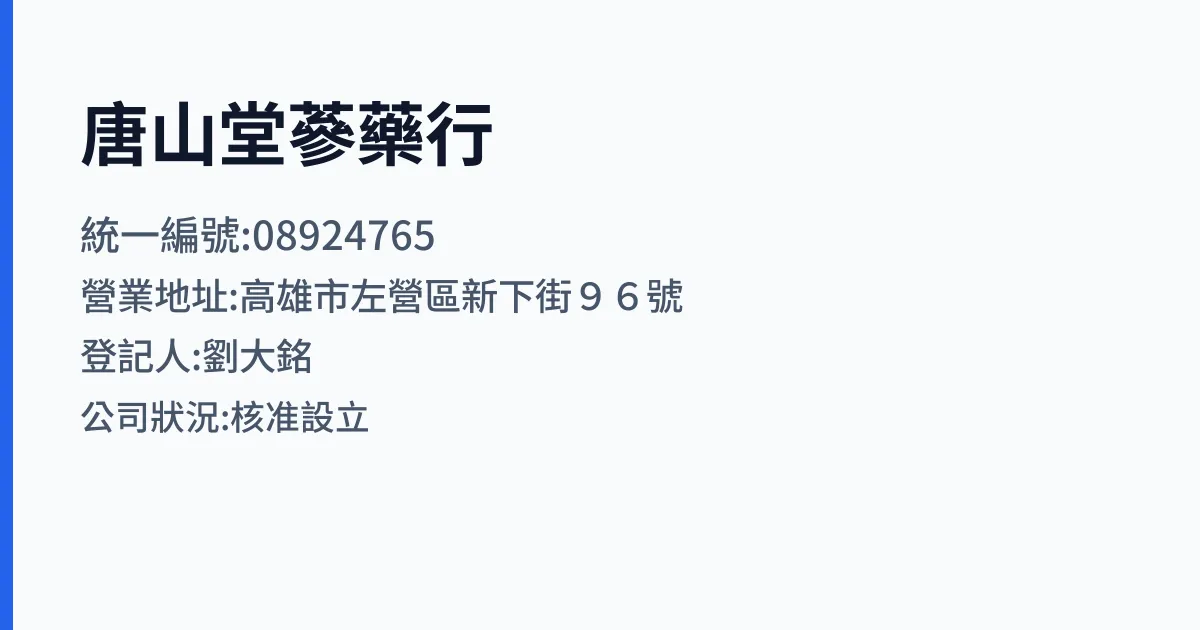 唐山堂蔘藥行 - 統編 08924765(高雄市) 公司登記資料與營業項目詳細圖表